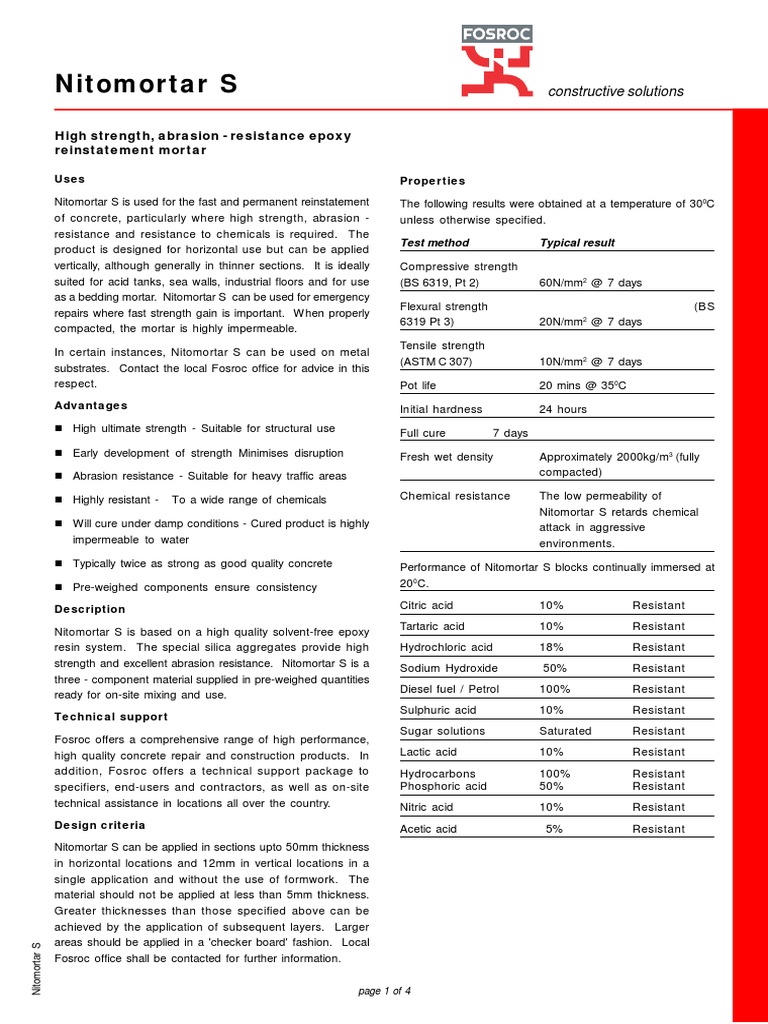 Nitomortar S: High Strength, Abrasion - Resistance Epoxy Reinstatement ...