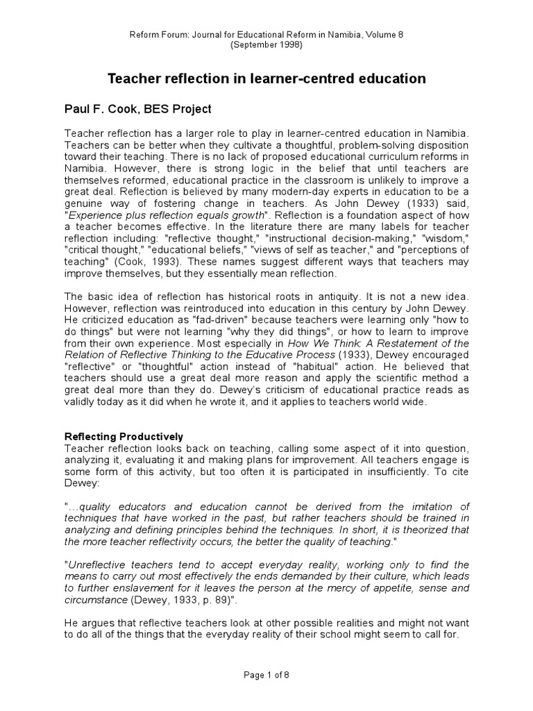 Teacher Reflection in Learner-Centred Education | PDF | John Dewey ...