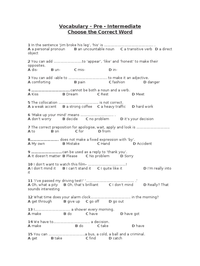 Vocabulary - Pre Intermediate | PDF | Verb | Noun