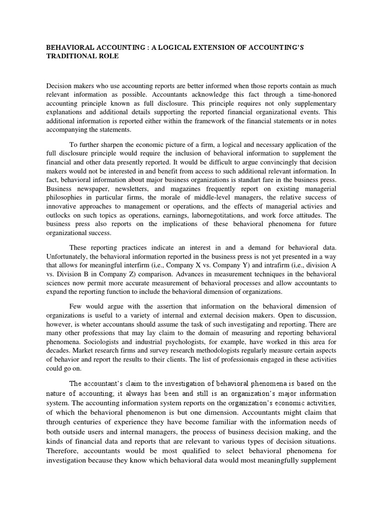 Behavioral Accounting: A Logical Extension of Accounting'S Traditional ...