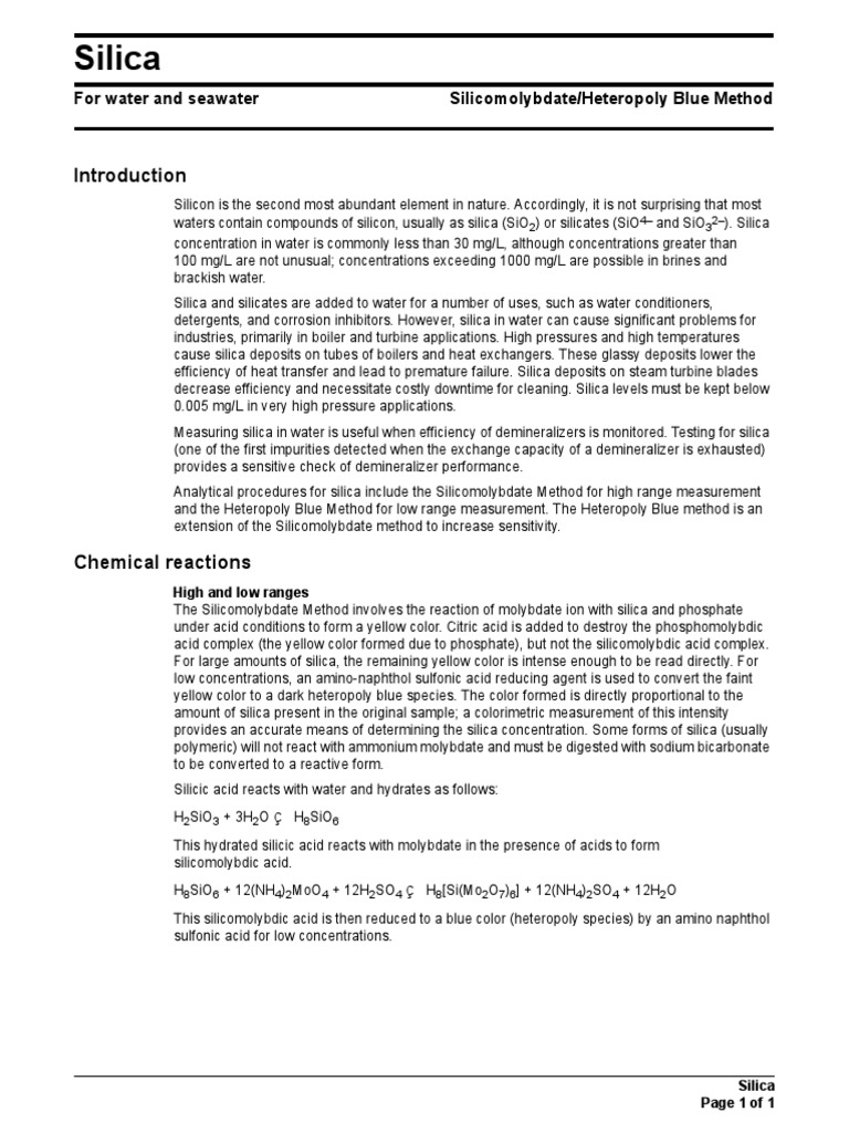 Silica: For Water and Seawater Silicomolybdate/Heteropoly Blue Method ...