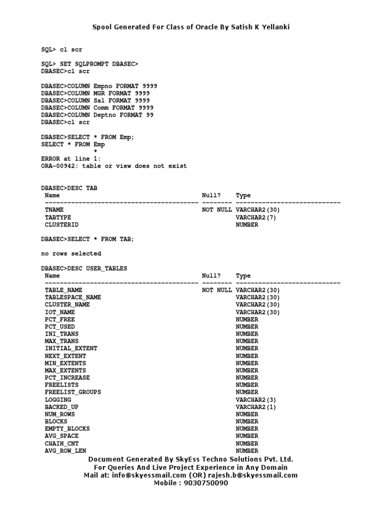 Spool Generated For Class of Oracle by Satish K Yellanki | PDF ...