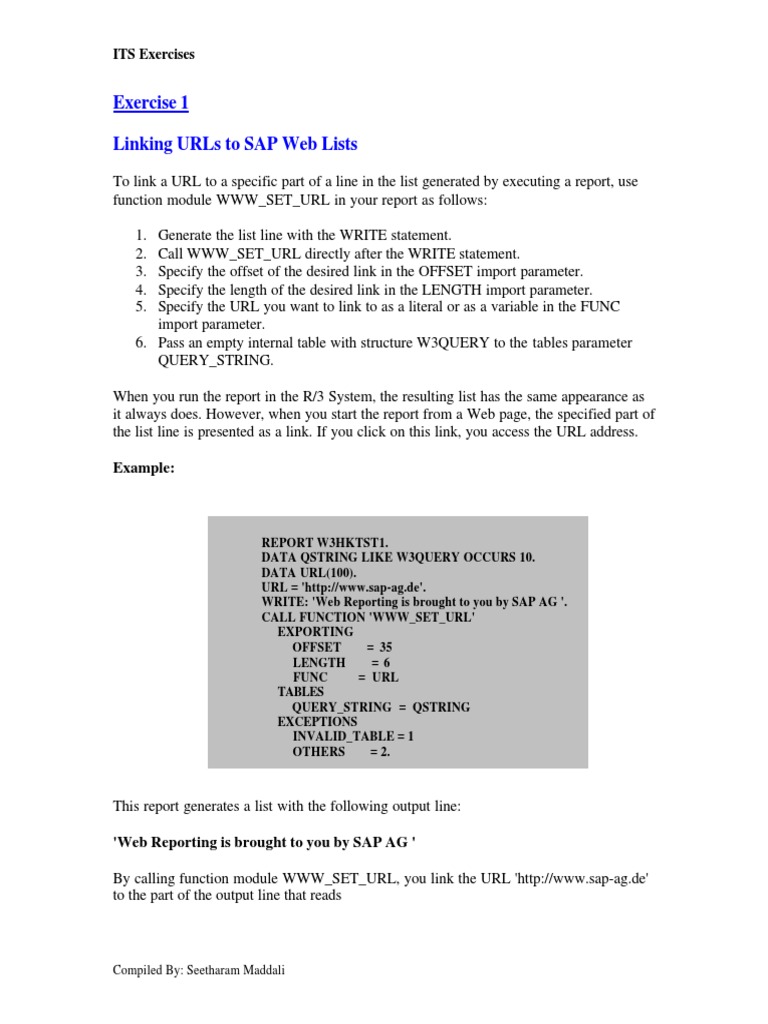 Exercise 1 Linking Urls To Sap Web Lists: Its Exercises | PDF | Subroutine | Parameter (Computer ...
