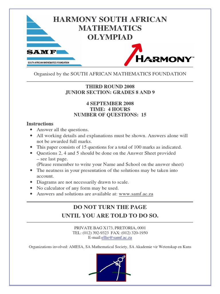 Harmony South African Olympiad 2008 | PDF | Elementary Mathematics ...