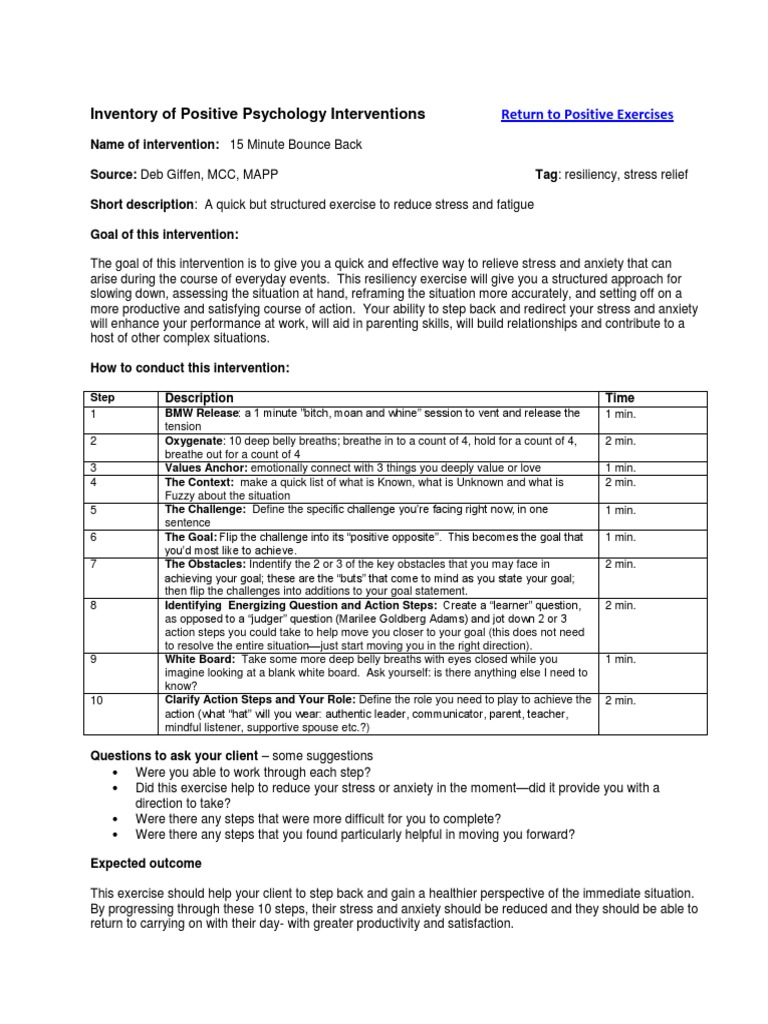 Exercise 15 Minute Bounce Back | PDF | Psychological Resilience ...