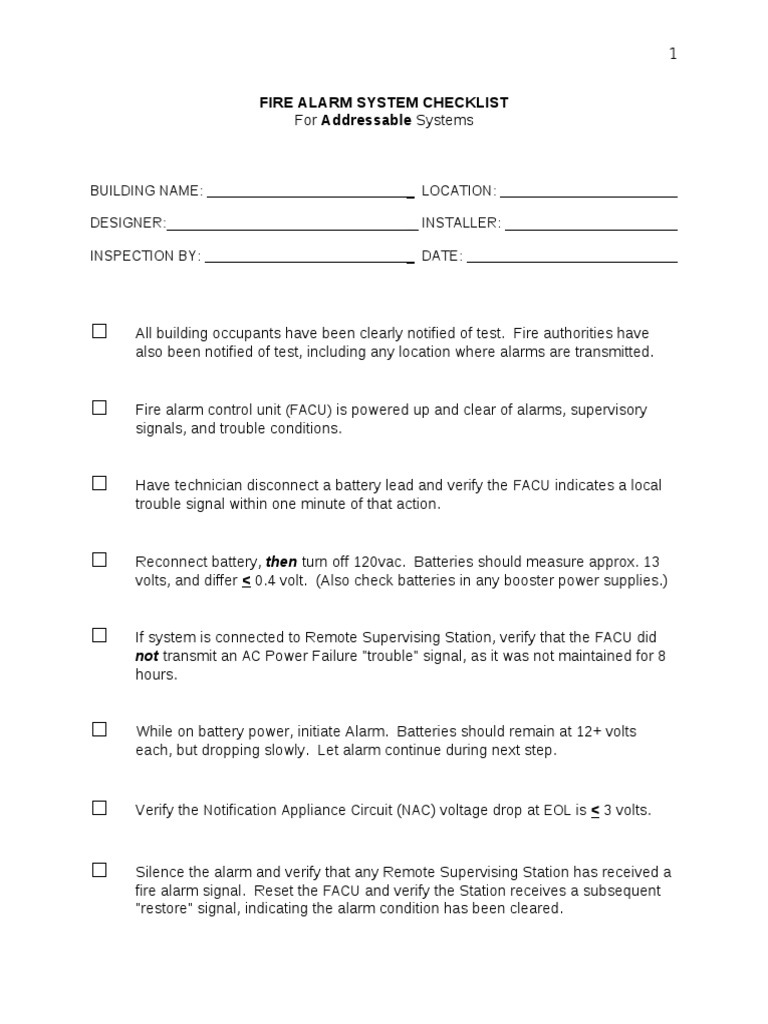 Addressable Fire Alarm Checklist | PDF | Fire Sprinkler System ...