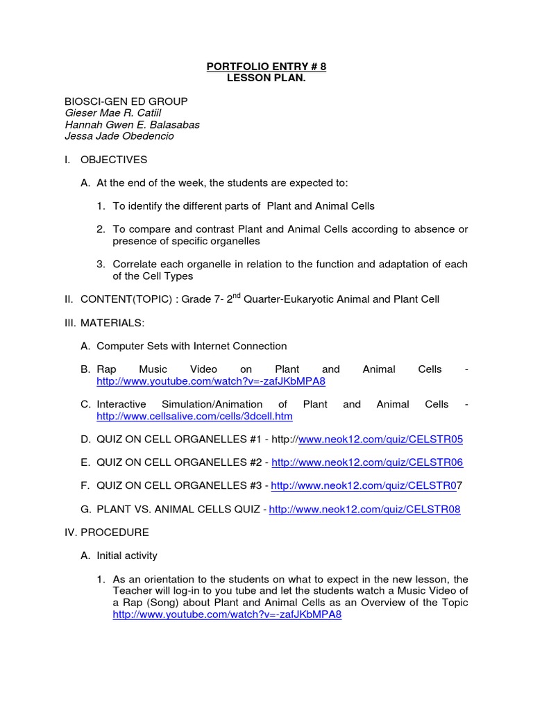 Educ 25 Lesson Plan For Demo Teaching and Fs | PDF | Quiz | Cell (Biology)