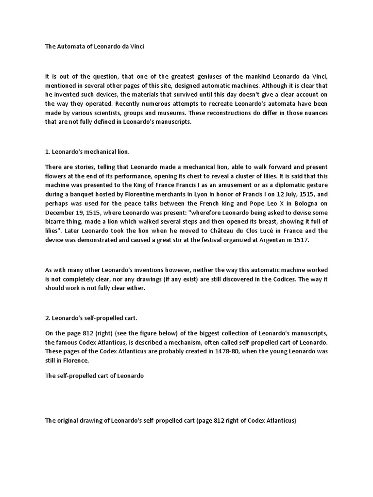 The Automata of Leonardo Da Vinci | PDF | Leonardo Da Vinci | Robot