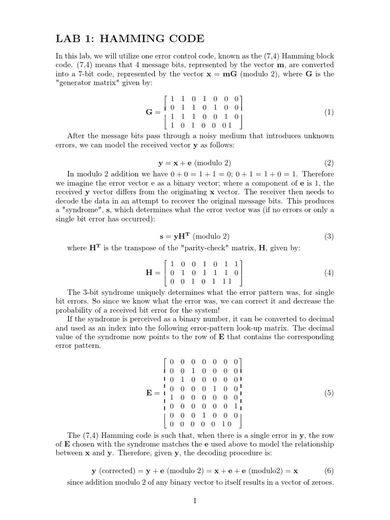 Lab 1: Hamming Code | PDF | Euclidean Vector | Bit