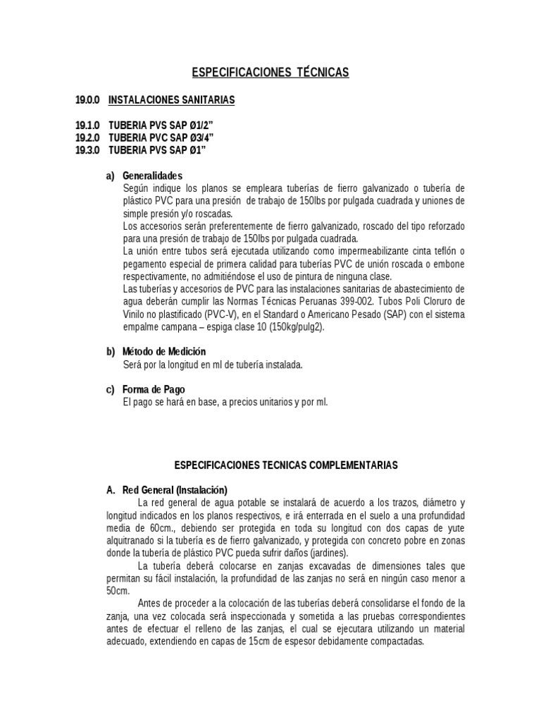Especificaciones Técnicas Instalaciones Sanitarias | Descargar gratis PDF | Tubería (transporte ...