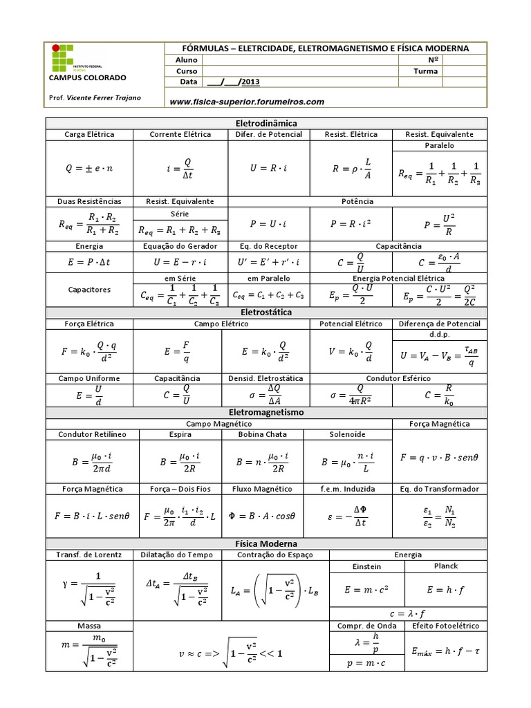 Fórmulas - eletricidade - eletromagnetismo e fisica moderna