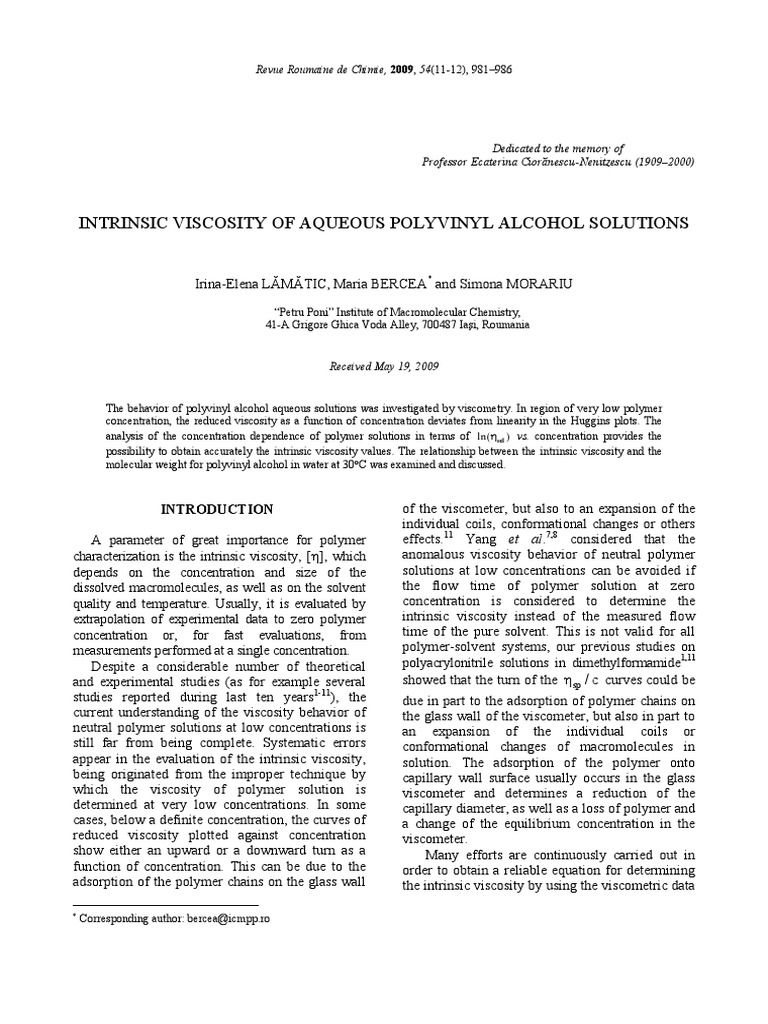 Intrinsic Viscosity of Aqueous Polyvinyl Alcohol Solutions: Evaluating ...