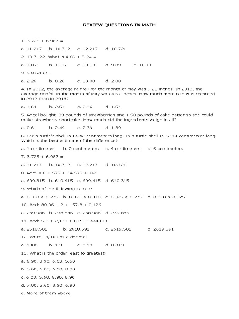 Math Review Questions and Answers | PDF | Fraction (Mathematics ...