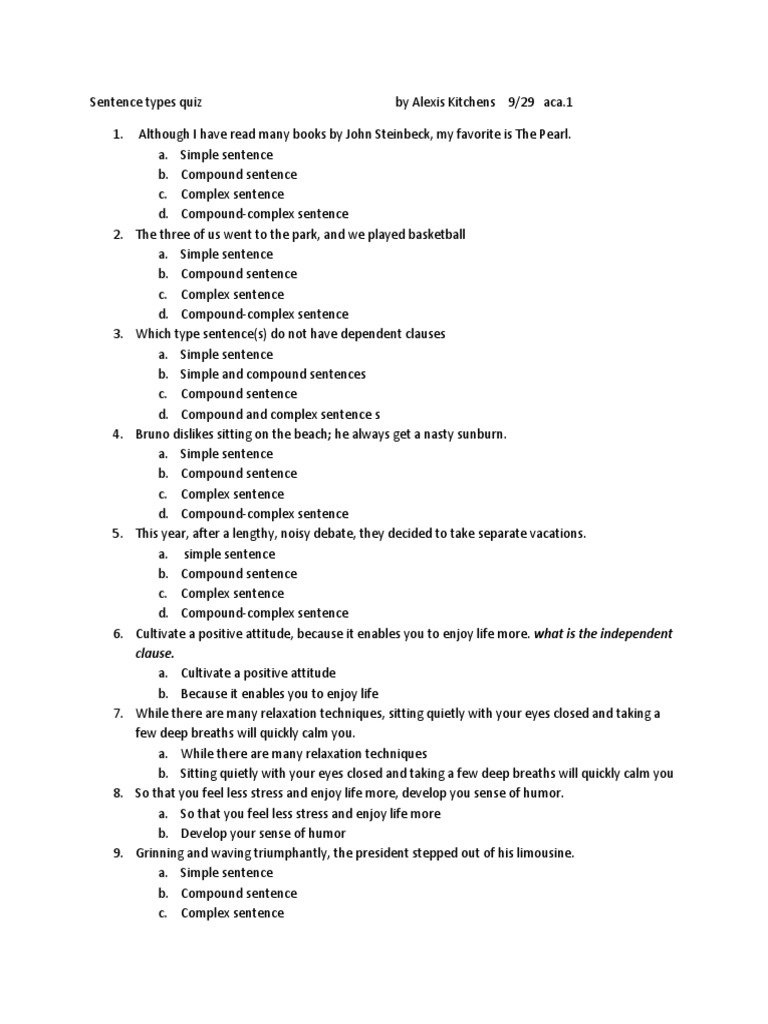 Sentence Types Quiz and Answers | PDF