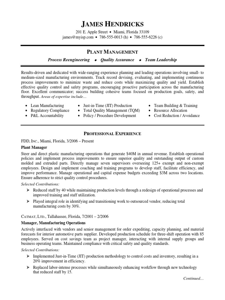 Manufacturing Plant Manager Resume Sample | PDF | Quality Management ...
