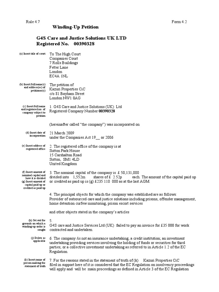 Form4-02 Winding Up Petition G4S Care and Justice Solutions (LTD) UK ...