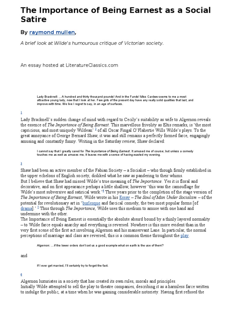 The Importance of Being Earnest As A Social Satire | PDF | The ...