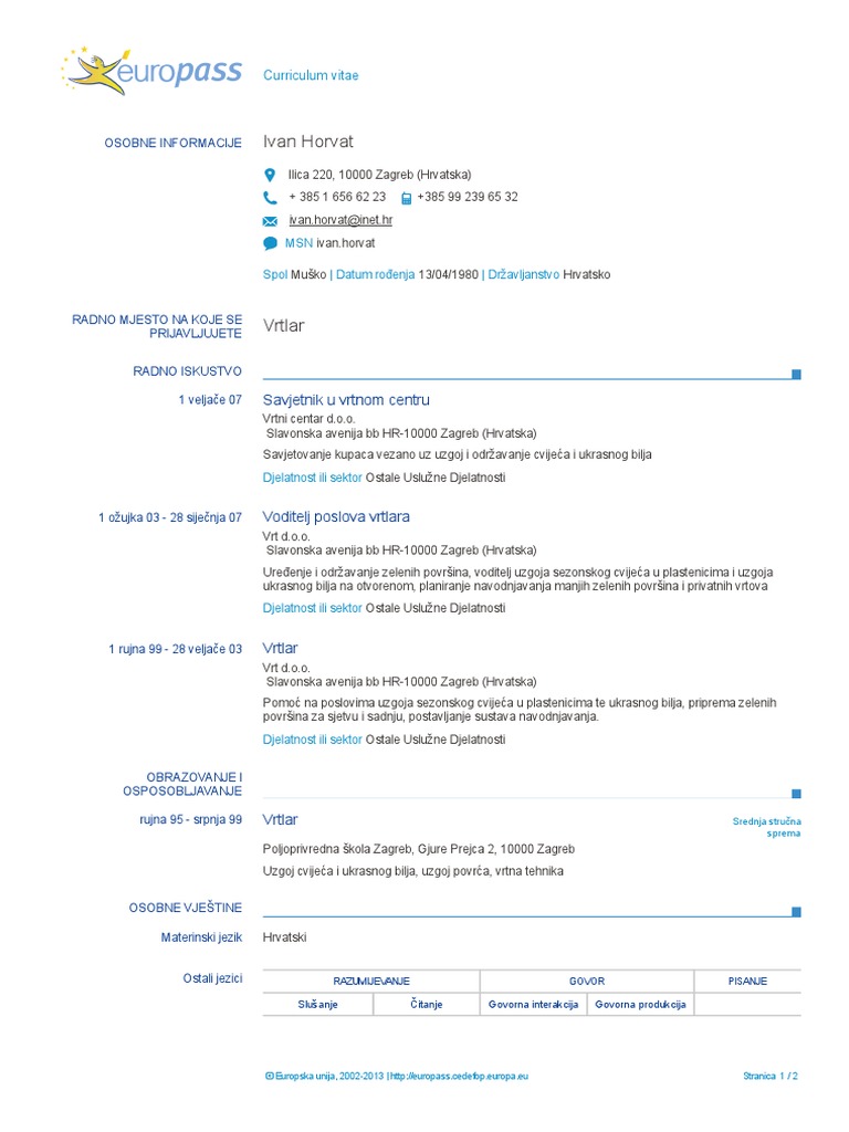 Europass CV HR 1 | PDF