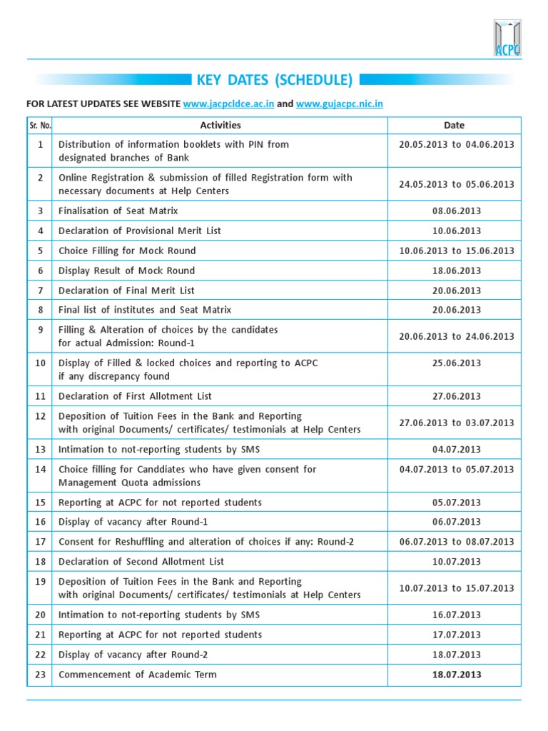 Key Dates (Schedule) : WWW - Jacpcldce.ac - in WWW - Gujacpc.nic - in | PDF
