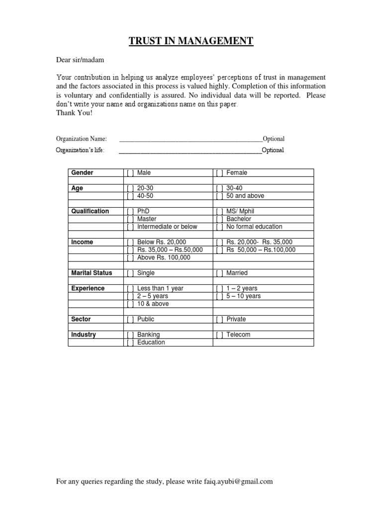 Trust in Management - Questionnaire | PDF | Psychology | Psychological ...