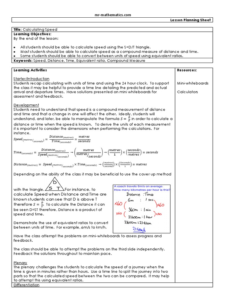Lesson Plan Speed | PDF | Speed | Ratio
