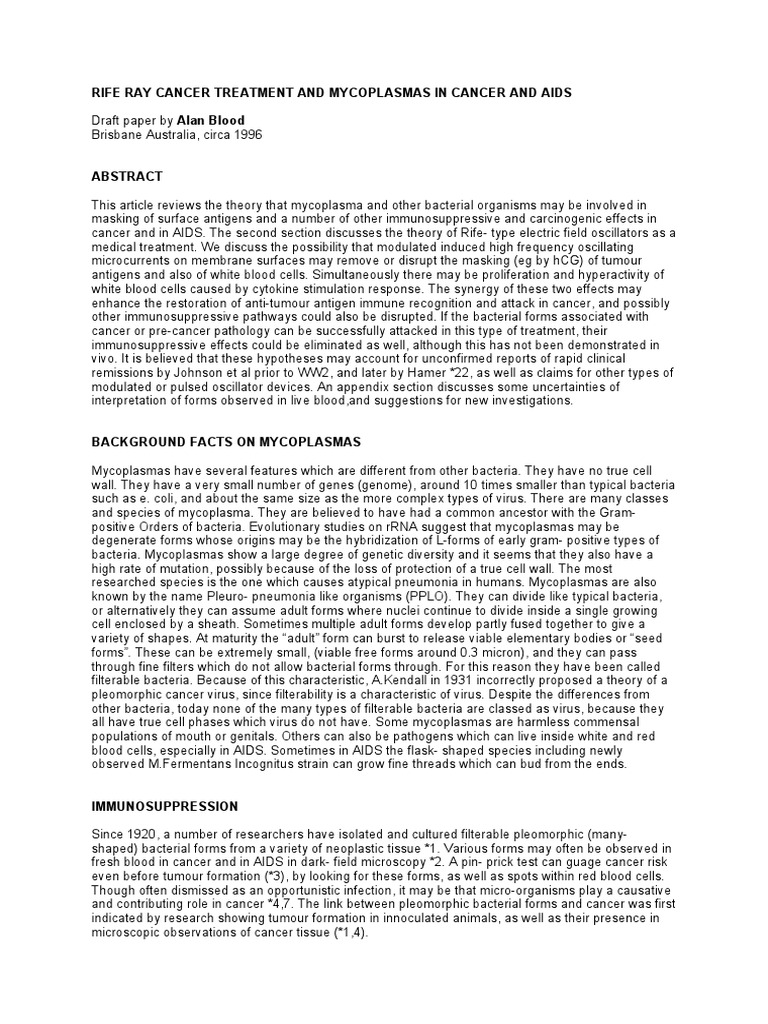 Rife Ray Cancer Treatment and Mycoplasmas in Cancer and Aids | PDF ...