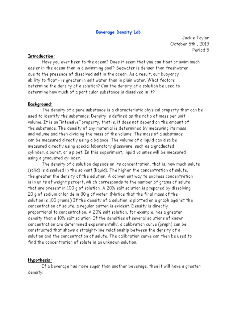 Beverage Density Lab Report PDF | PDF | Seawater | Density