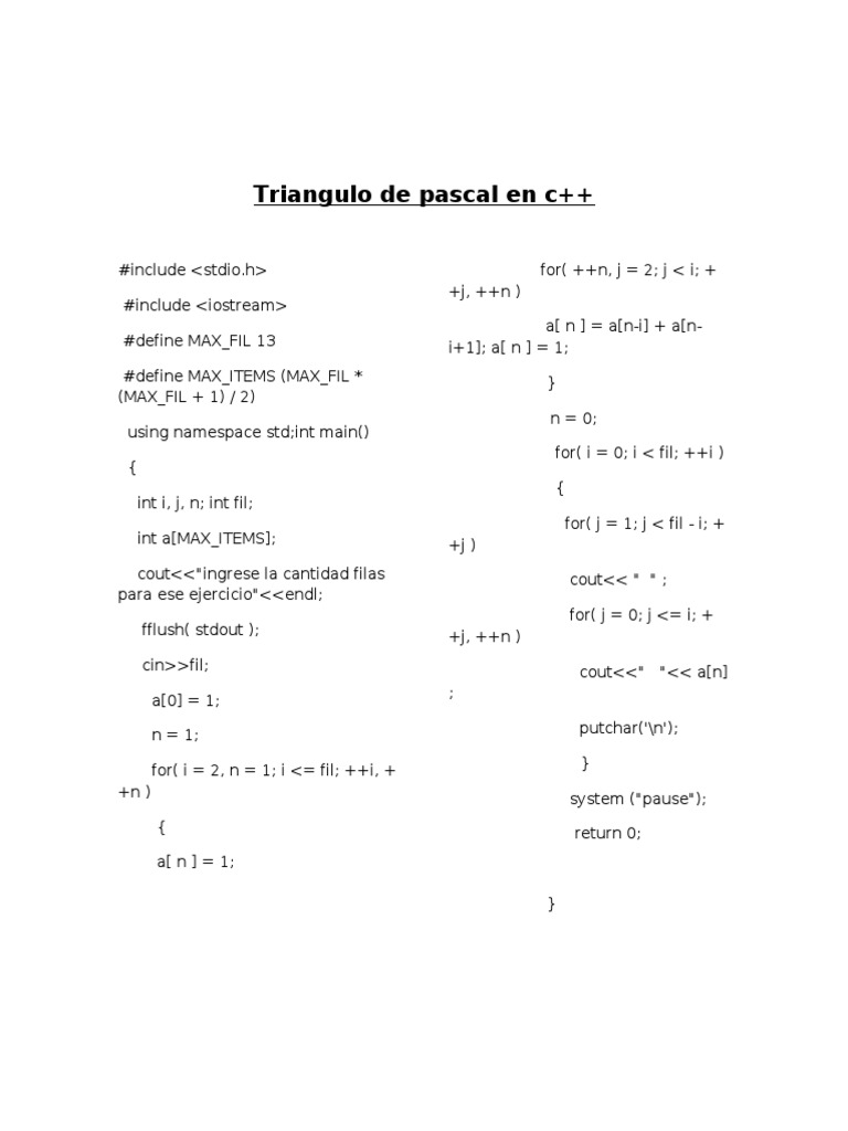 Triangulo de Pascal en C++ | PDF