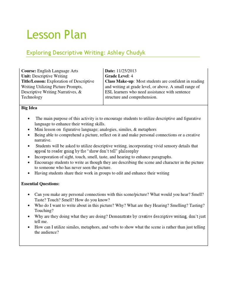 Lesson Plan Exploring Descriptive Writing Ashley Chudyk Lesson Plan