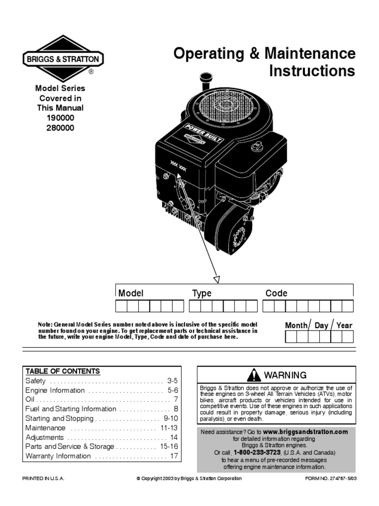 Briggs Stratton Operating and Maintenance Instruction Manual PDF Motor Oil Carburetor