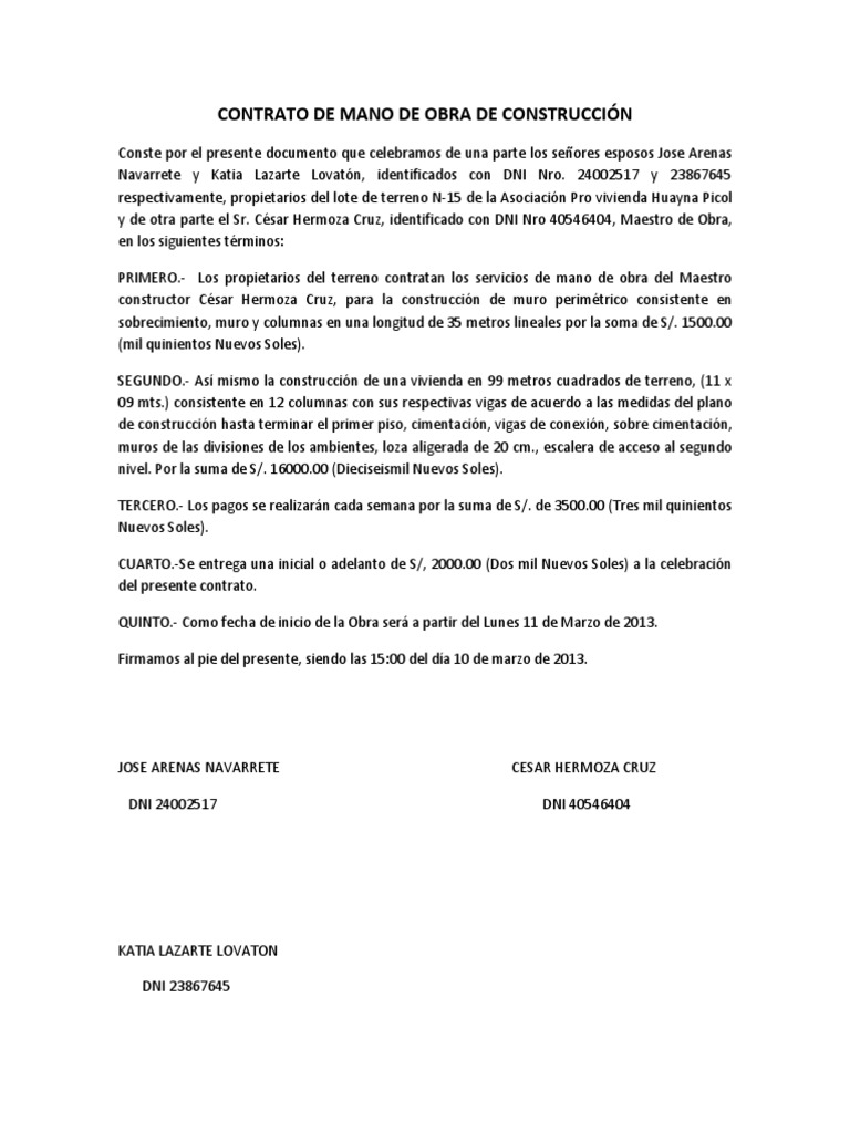 Contrato de Mano de Obra de Construcción | PDF | Arte | Tecnología