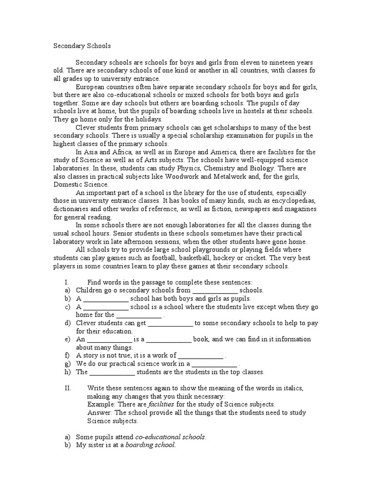 Reading Comprehension - Secondary Schools | PDF | Boarding School ...
