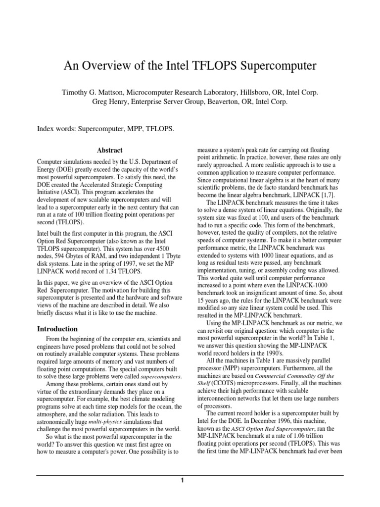 Ascii - Red - An Overview of The Intel TFLOPS Supercomputer | PDF ...