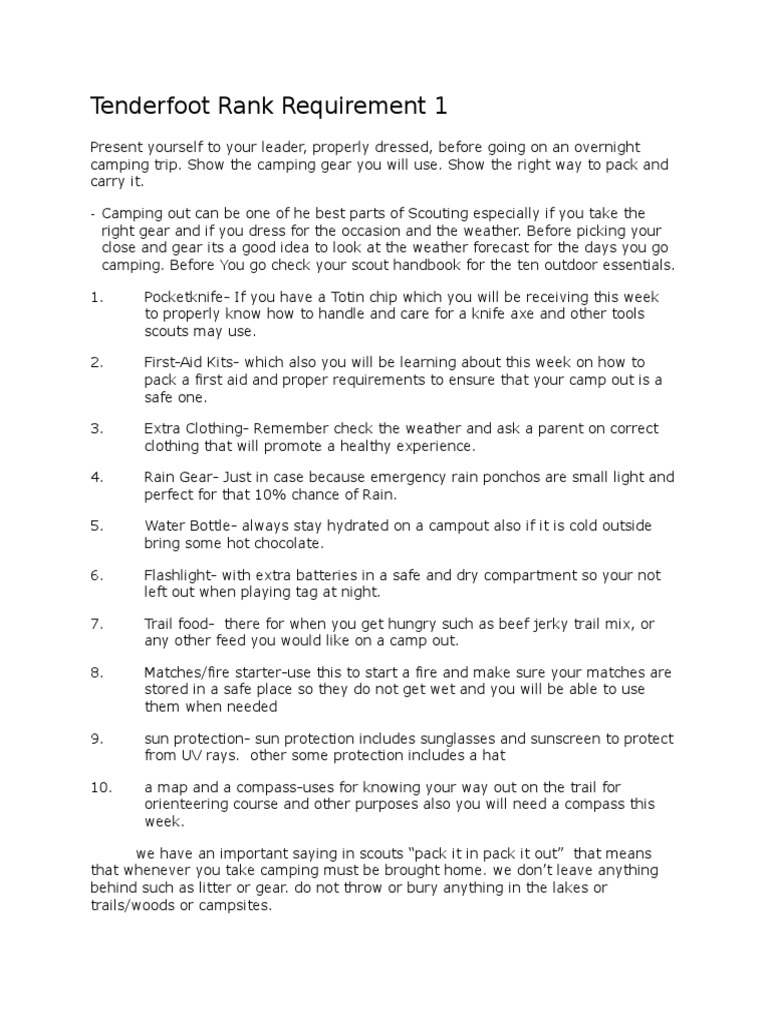 Tenderfoot Rank Requirement 1 | PDF | Tent | Camping