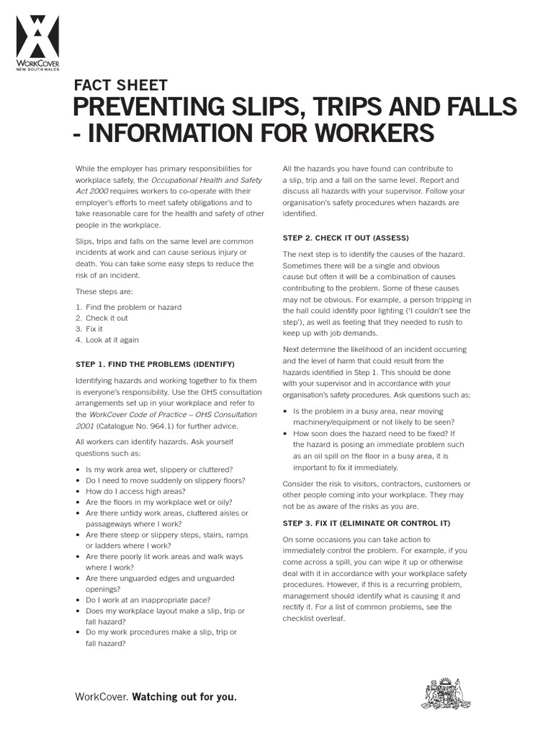 Preventing Slips Trips Falls Information for Workers Fact Sheet 1400 ...
