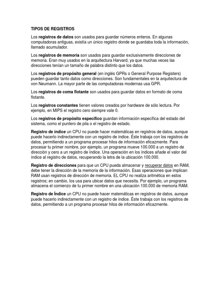 Tipos de Registros Cpu | PDF