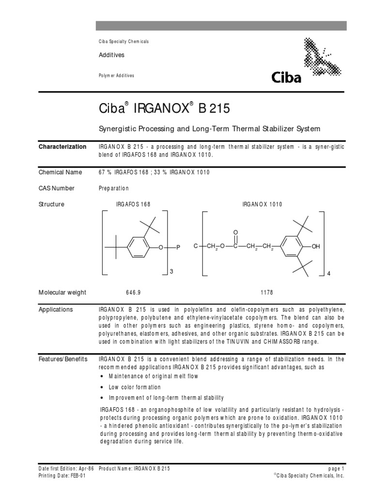 TDS Irganox B 215 | Download Free PDF | Polymers | Plastic