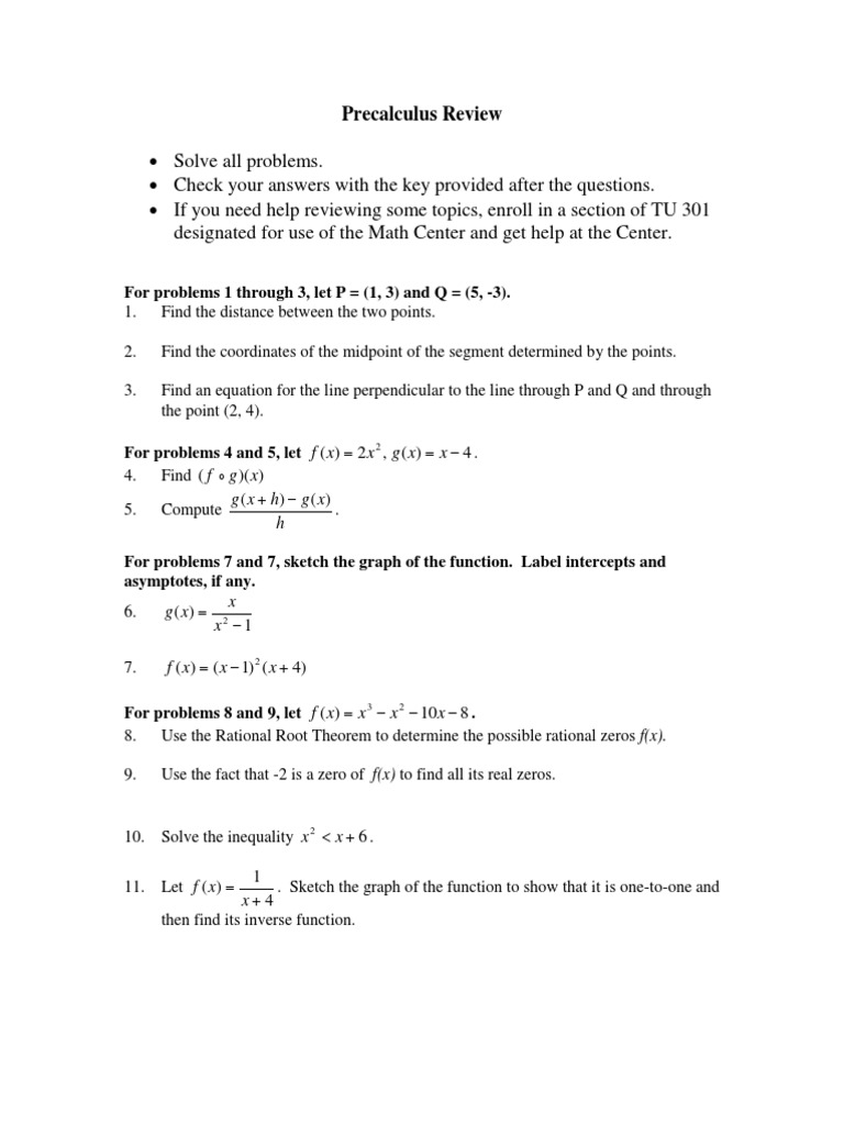 Precalculus Review: For Problems 1 Through 3, Let P (1, 3) and Q (5 ...