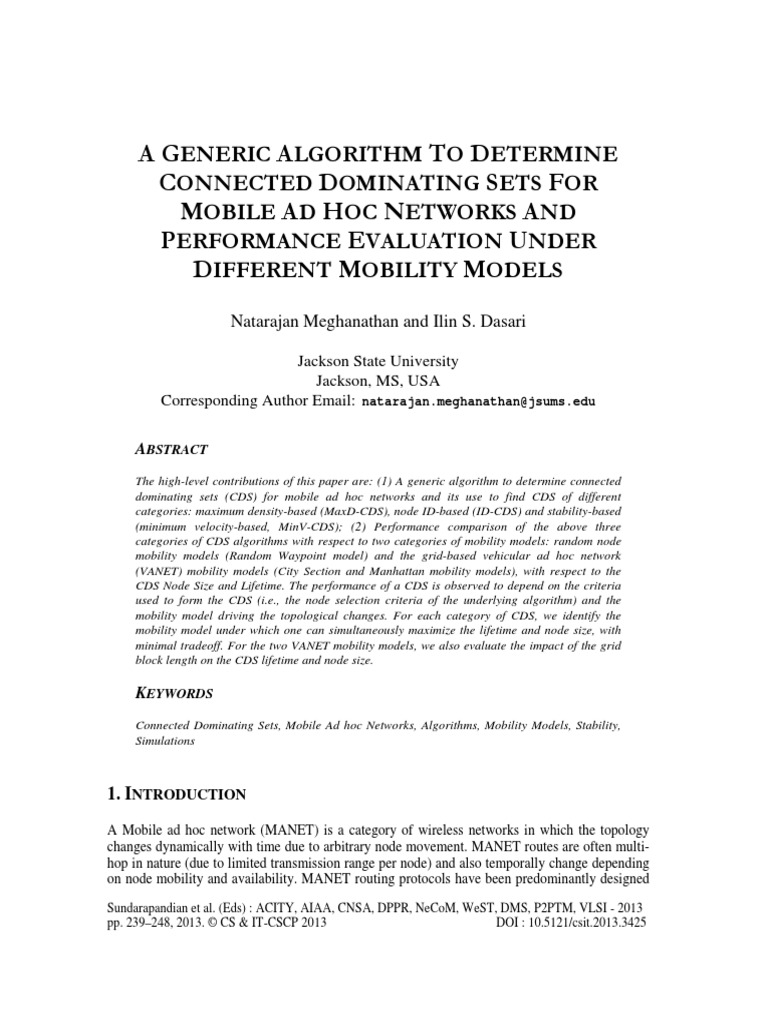 A Generic Algorithm To Determine Connected Dominating Sets For Mobile Ad Hoc Networks And
