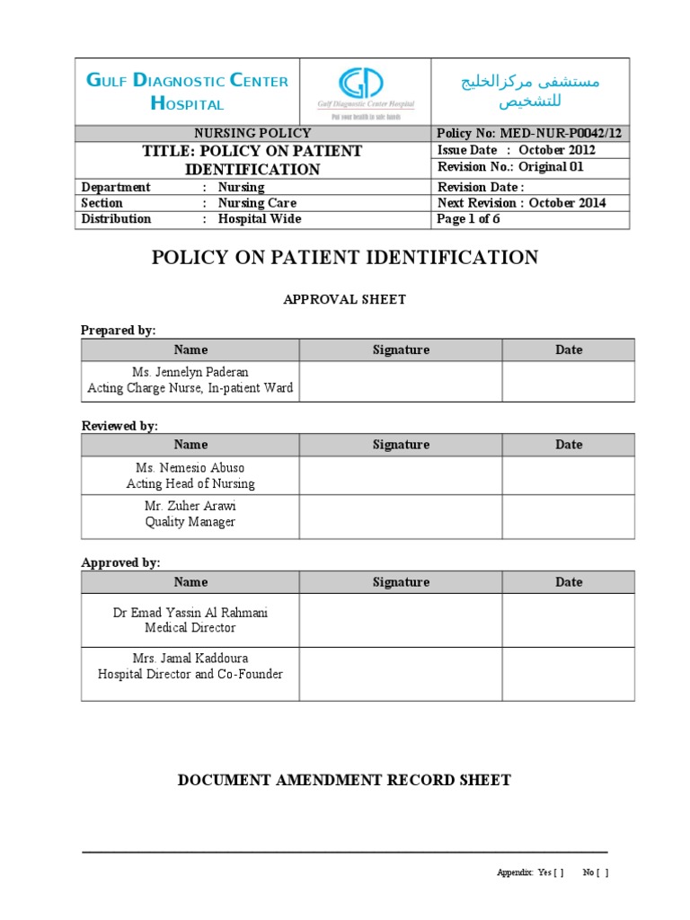Ppg-gdch-nur-42 Policy on Patient Identification | Patient | Identity ...