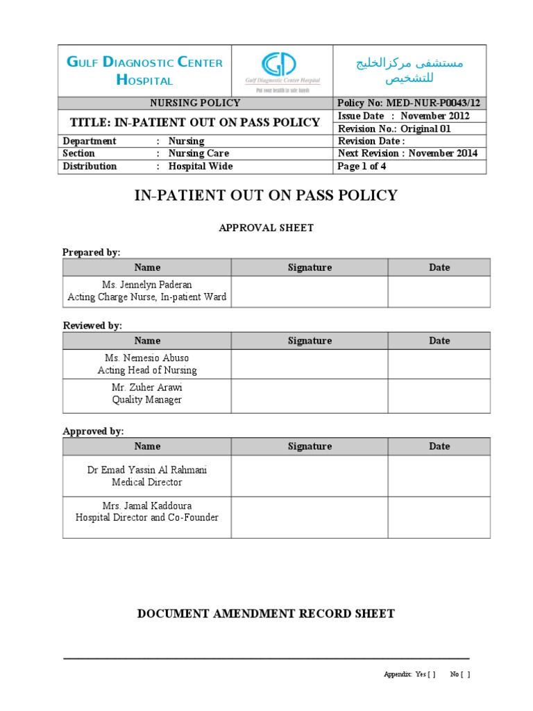 Ppg-Gdch-Nur-43 Out On Pass Policy | PDF | Patient | Hospital