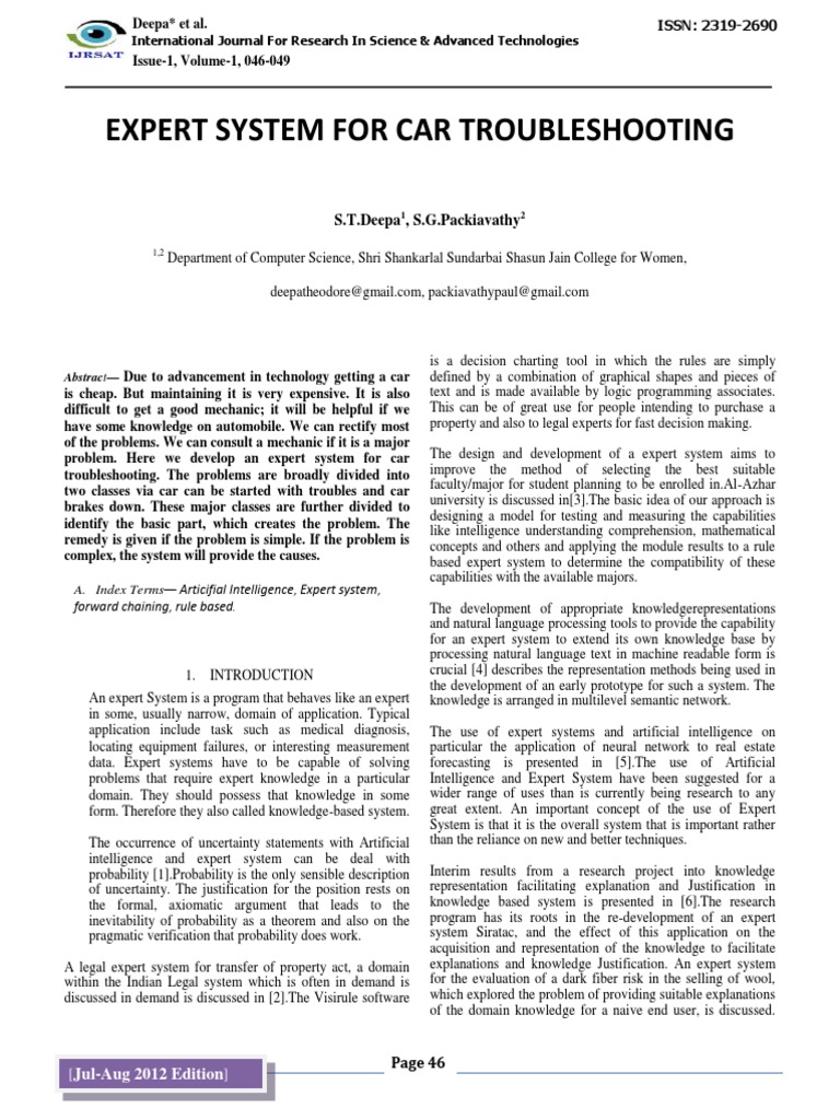 Expert System For Car Troubleshooting: S.T.Deepa, S.G.Packiavathy | PDF ...