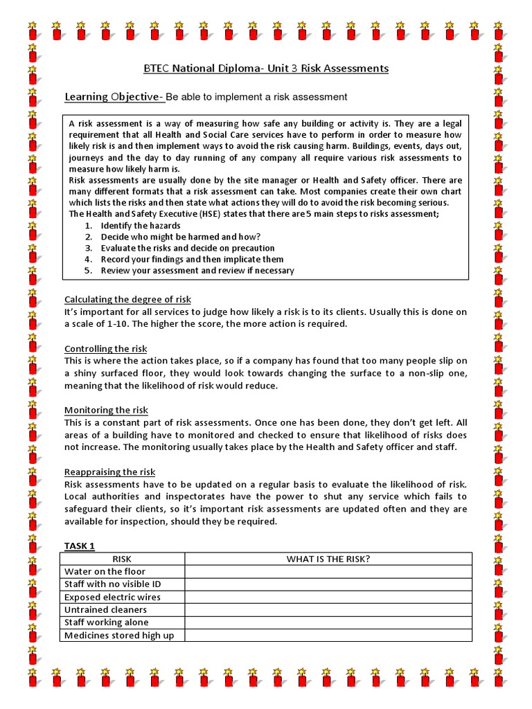 Risk Assessments Btec l3 Unit 3 | PDF | Risk Assessment | Risk