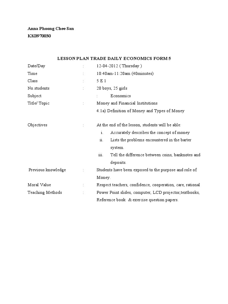Lesson Plan Daily Economics Form 5 | PDF | Career & Growth