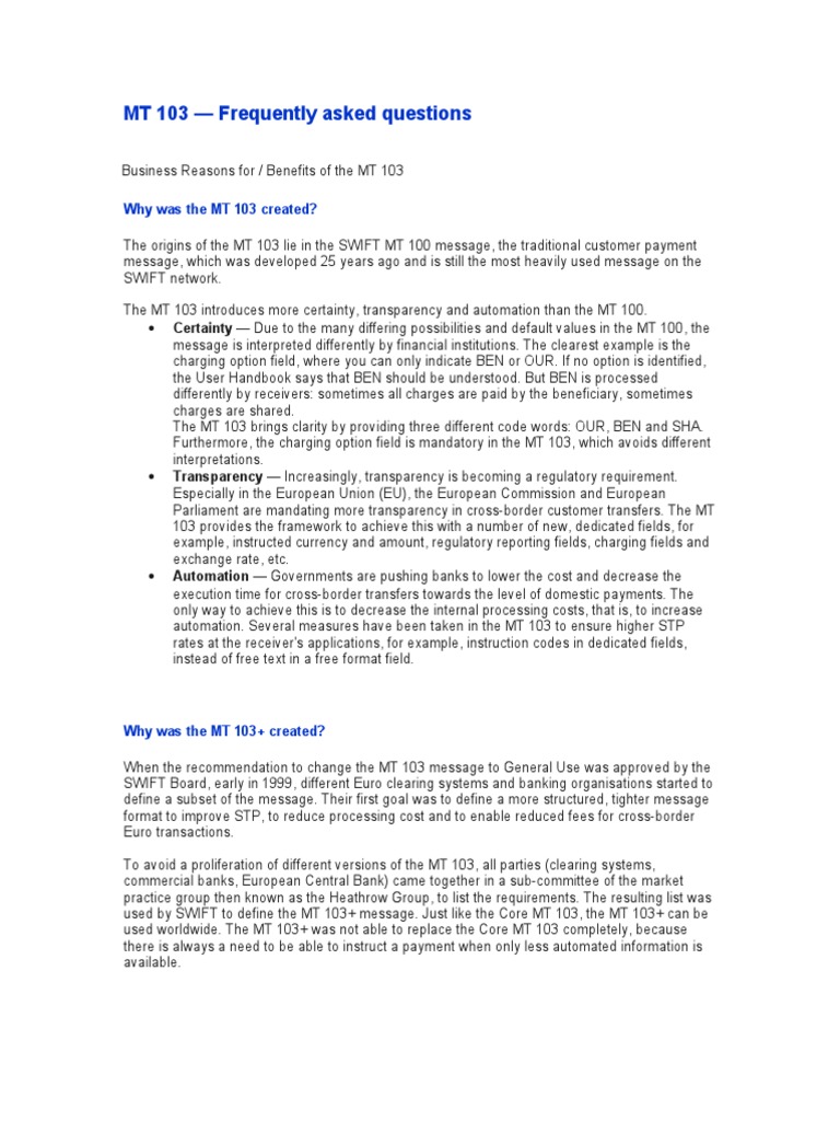 MT 103 FAQ's(1) | Financial Services | Banking | Free 30-day Trial | Scribd