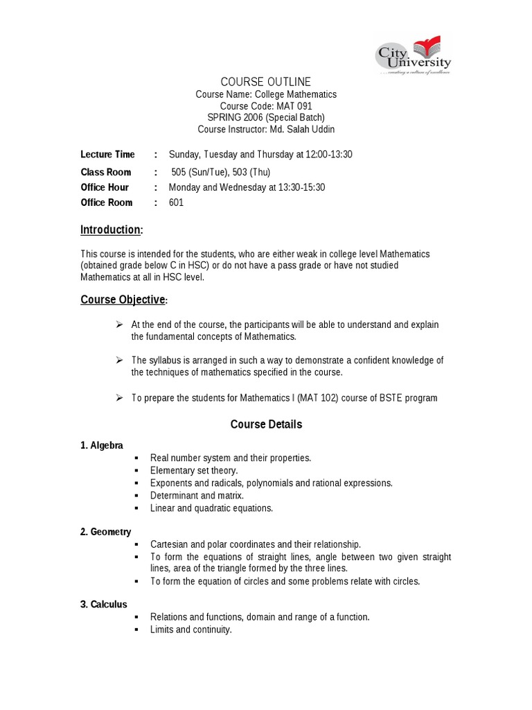 Course Outline Salahuddin | PDF | Algebra | Teaching Mathematics