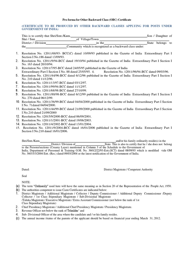 Format for Obc Certificate | Magistrate | Government Of India