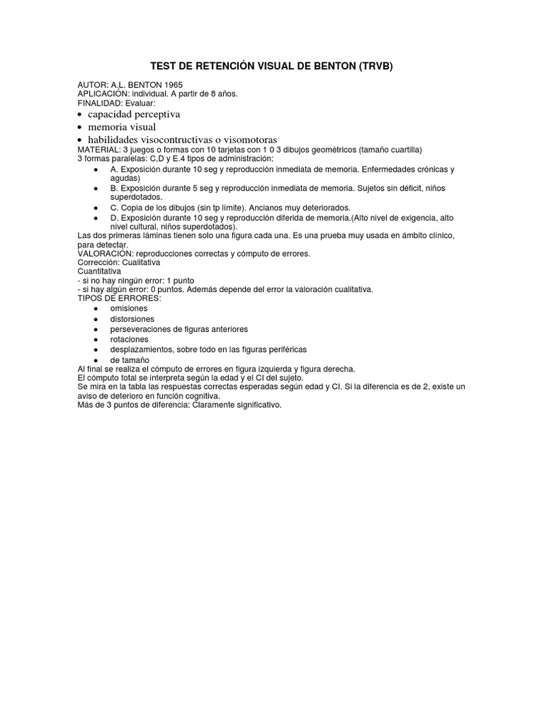 Test de Retencion Visual de Benton | PDF
