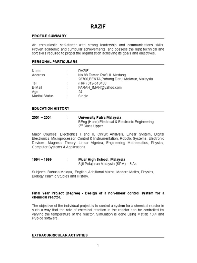 Fresh Graduate Resume Sample | PDF | Electronics | Electrical Engineering
