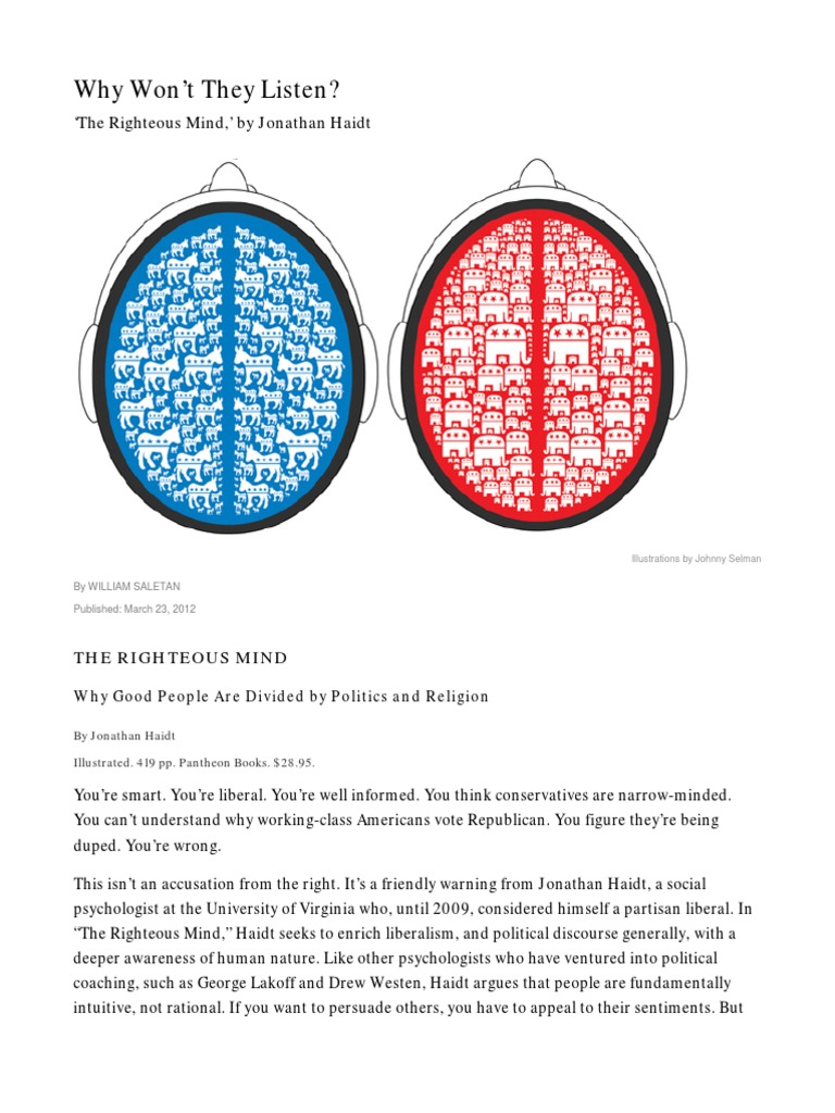 Why Won't They Listen?: The Righteous Mind,' by Jonathan Haidt ...
